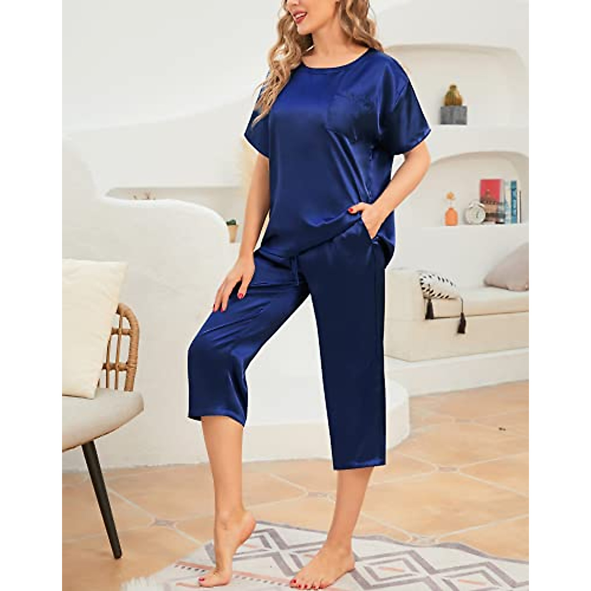SWOMOG Womens 2 Piece Satin Pajamas Silk Short Sleeve Pjs Sets Capri Bottom Pajama Pants Loose Outfit with Pockets Navy Blue