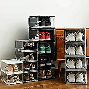 SavIz Stackable Shoe Organizer - 4 Pack - Sneaker Collection - Organize, Protect, Store Sneakers - Compact Shoe Rack - Individual Cubes - Dust, Crease Proof - White/Black (Black)