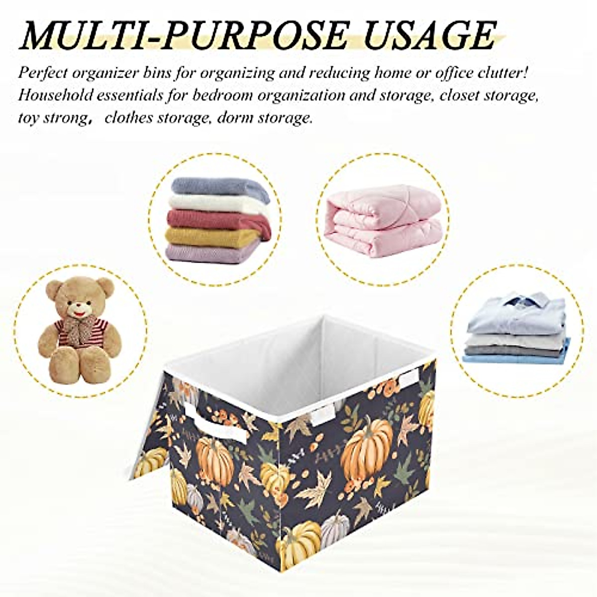 Autumn Orange Pumpkins Thanksgiving Day Storage Bins with Lids Collapsible Storage Box Basket with Lid Closet Organizer Containers File Boxes with Lids for Office Cars Balcony Outside Home