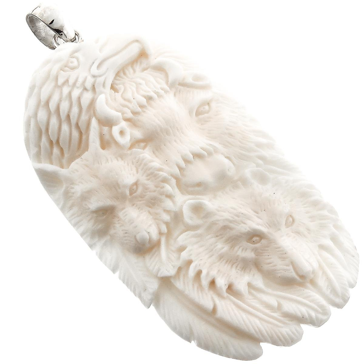 Hand Carving Totem Eagle Wolf Bison Bone 925 Sterling Silver Pendant, 3"