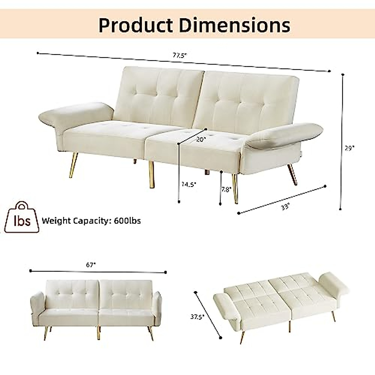 Anwick Velvet Convertible Futon Sofa Bed, Memory Foam Futon Couch Sleeper Sofa, 77.5''Modern Loveseat Sofa with Adjustable Backrest and Armrests for Home Living Room Office (Beige)