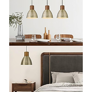 ELYONA Vintage Hammered Pendant Light Fixtures, 10.2” Industrial Metal Hanging Bar Lamp, Solid Wood Antique Gold Adjustable Pendant Light for Kitchen Island, Farmhouse, Dining Room, Brushed Brass