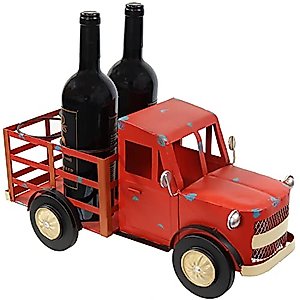 Sunnydaze Rustic Red Truck Sheet Iron Countertop Wine Rack - Holder Stores 4 Wine or Liquor Bottles