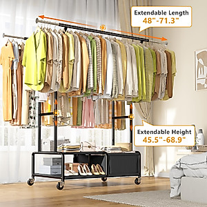 Raybee Clothes Racks for Hanging Clothes with Shelves, Adjustable Clothing Rack with Lockable Wheels, Multi-Functional Closet Rack For Bedroom, Heavy Duty Garment Racks for Hanging 220+ Clothes