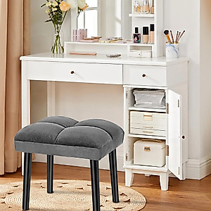 HOUCHICS Gray Vanity Stool Ottoman Stool, Square Makeup Stool with Wooden Legs, Small Ottoman Stool Chair for Vanity, Modern Padded Sofa Seat Foot Rest Stool(Gray)