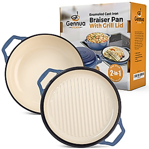 Gennua 3.3-Quart Enameled Cast Iron Braiser with Grill Lid - Small Dutch Oven and Stovetop Grill Pan