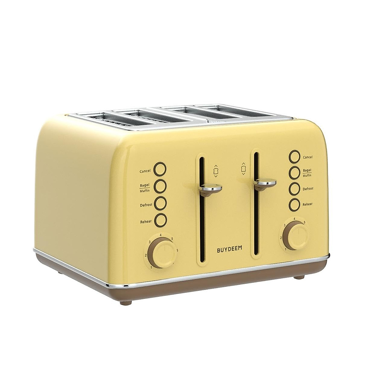 BUYDEEM DT640 4-Slice Toaster, Extra Wide Slots, Retro Stainless Steel with High Lift Lever, Bagel and Muffin Function, Removal Crumb Tray, 7-Shade Settings,Mellow Yellow