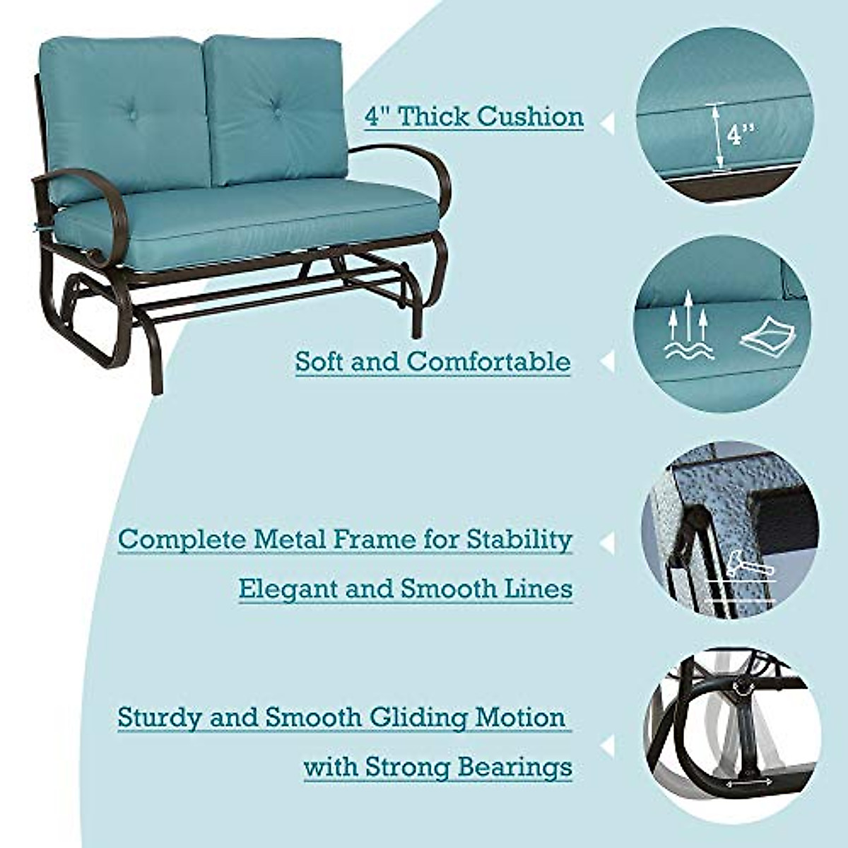 Kozyard Cozy Two Rocking Love Seats Glider Swing Bench/Rocker for Patio, Yard with Soft Cushion and Sturdy Frame (Blue)