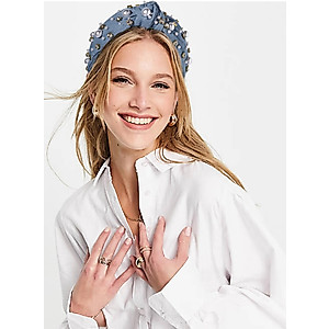 Pearl Knotted Headband for Women White Pearl Rhinestone Crystal Jeweled Embellished Hairband Fashion Elegant Ladies Wide Top Knot Bride Boho Head Band Headpieces Bachelorette Party Hair Accessories