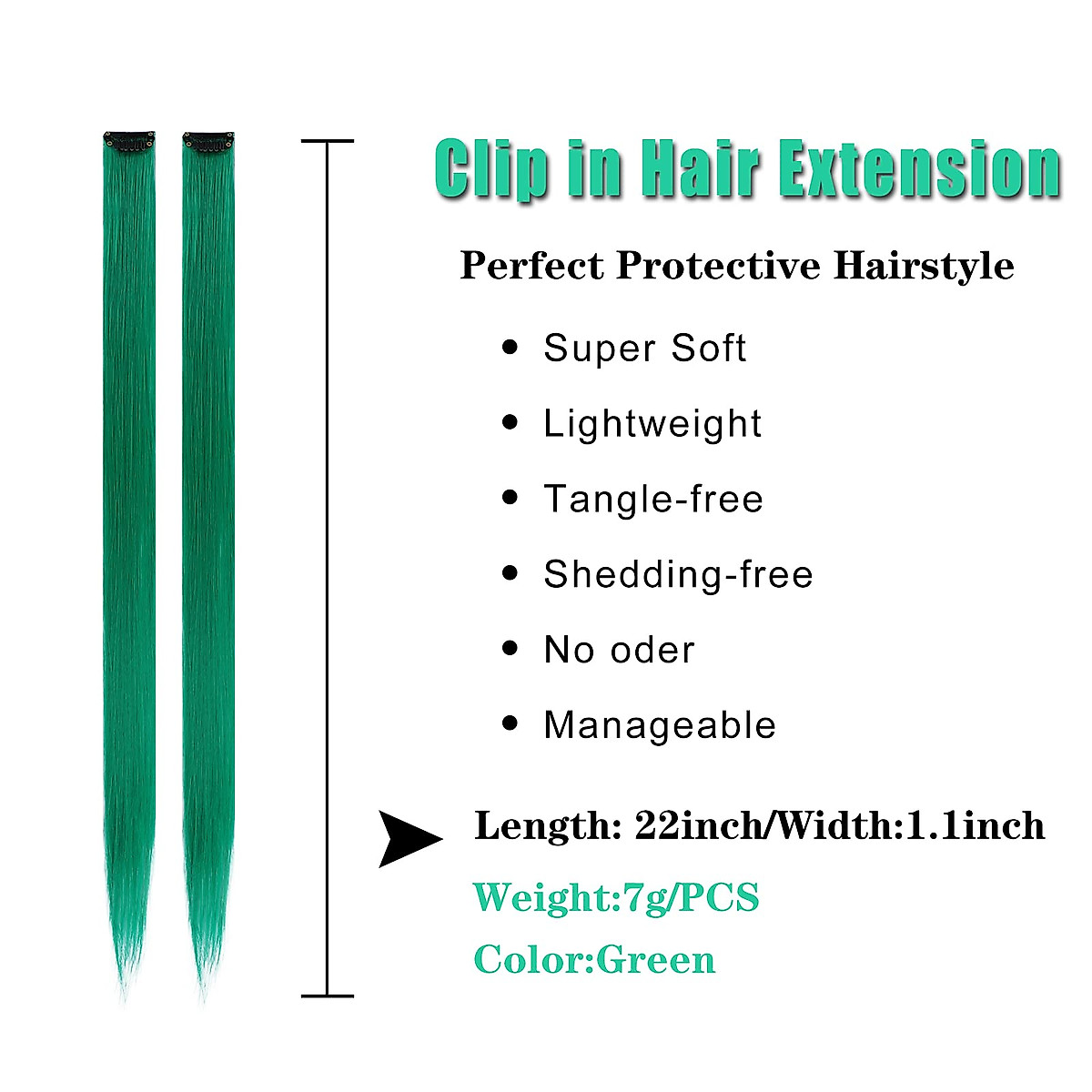 12PCS Colored Green Hair Extensions Party Highlights Colorful Clip in Hair Extensions 22 Inch Straight Synthetic Hairpieces for Women Kids Girls Halloween Christmas Cosplay(Green)
