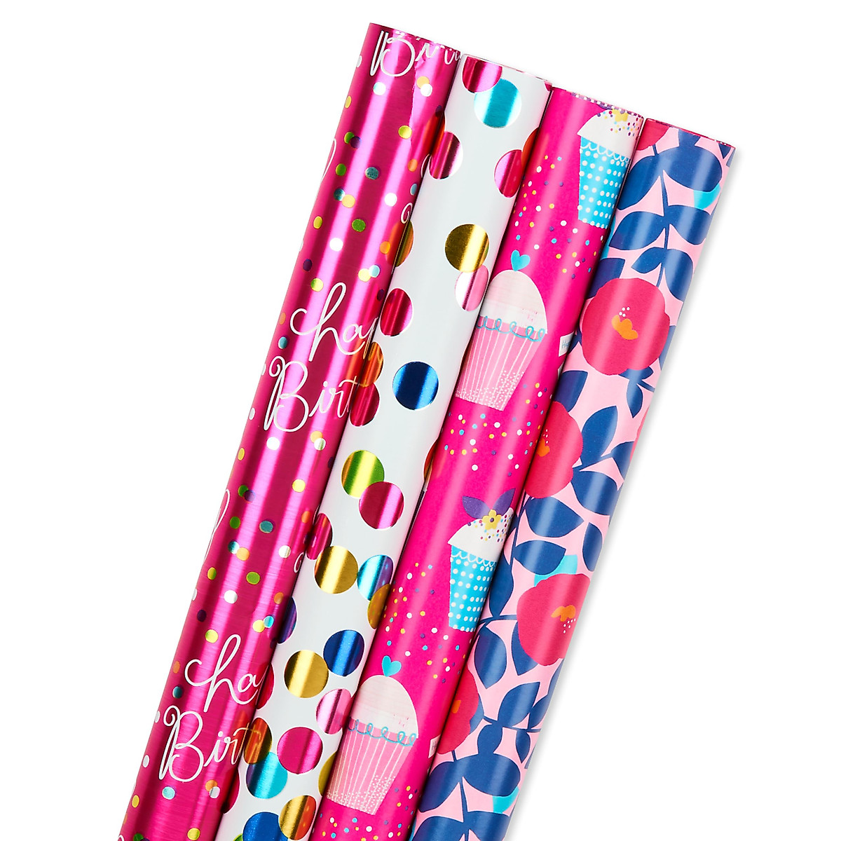 American Greetings Reversible Birthday Wrapping Paper, Floral, Cupcakes, and Polka Dots (4 Rolls, 120 sq. ft)