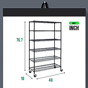 PayLessHere Commercial Grade 6 Tier Adjustable Storage Shelf Heavy Duty Metal Shelf NSF Certified Wire Shelving Unit with Wheels 6000LBS Capacity 18" D x 48" W x 72" H,Black