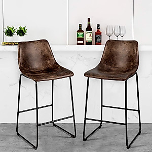 COSTWAY Set of 2 Bar Stools, Vintage Faux Suede Bar Stools, with Metal Legs, Back and Footrest, Upholstered Stools for Home Kitchen, Pub (Brown, 4)