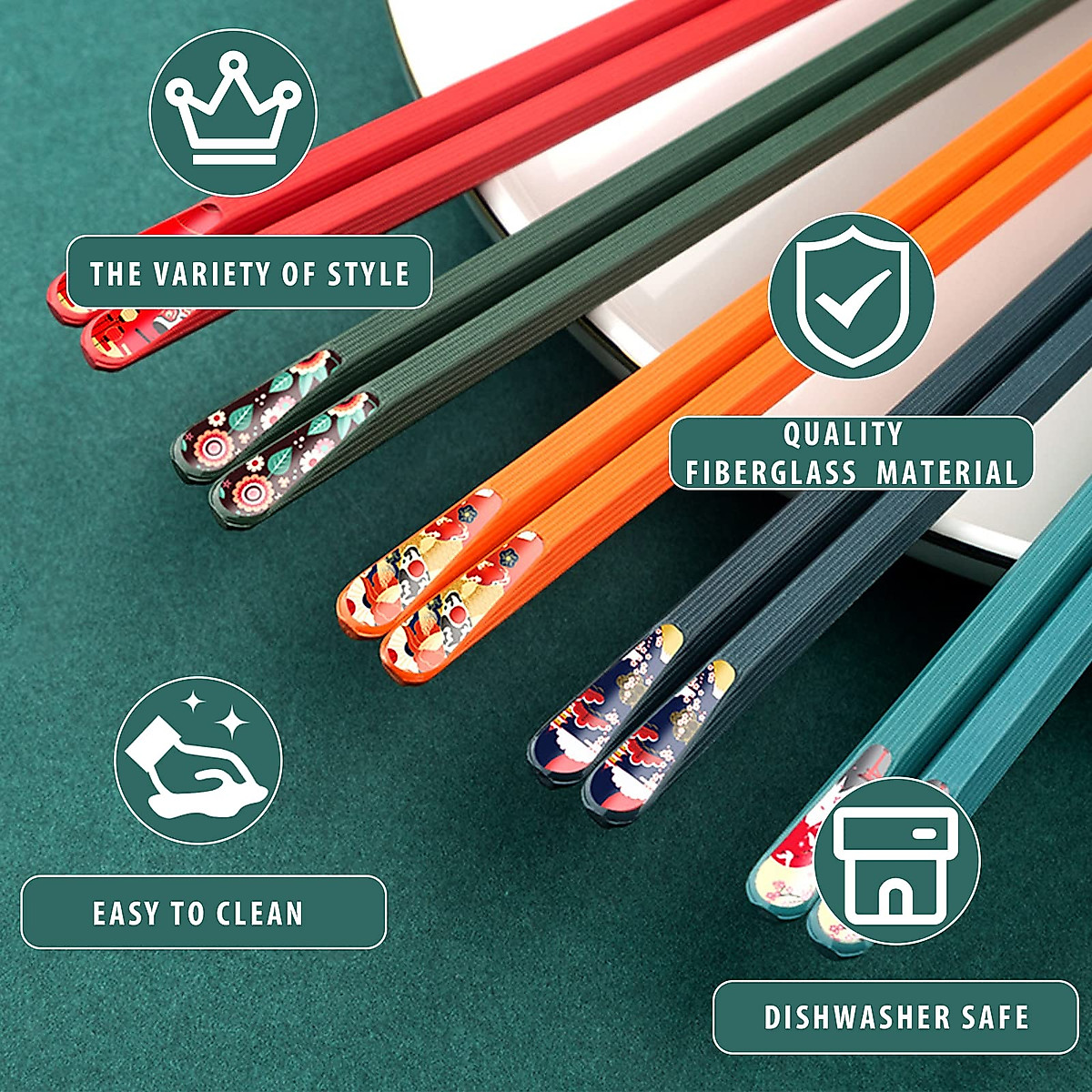 Japanese Style 5 Pairs Fiberglass Chopsticks-Reusable Chopsticks Dishwasher Safe, 9.57 inch/24.3cm Non-Slip Family/ Hotel/ Restaurant Chinese Chop Stick, Gift Set, Dark Green