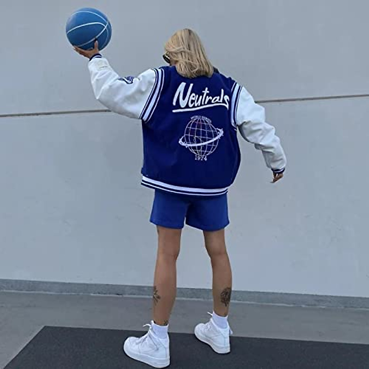 Creaion Men's Varsity Jackets Letterman Jacket Baseball Football Jacket Racer Jacket Y2K Blue and White Jacket Men Bomber Jacket