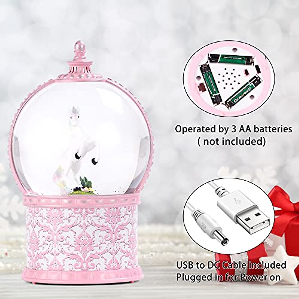 Unicorn Musical Snow Globes, 7.1 Inch Lighted Snow Globe with Swirling Glitter, Battery Operated & USB Powered