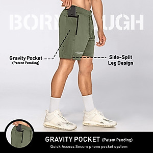 Born Tough 9 Inch Inseam Men’s Gym Workout Shorts, Athletic Bodybuilding Shorts for Men with Zipper Pockets & Waist Loop (as1, alpha, l, regular, regular, Military Green)