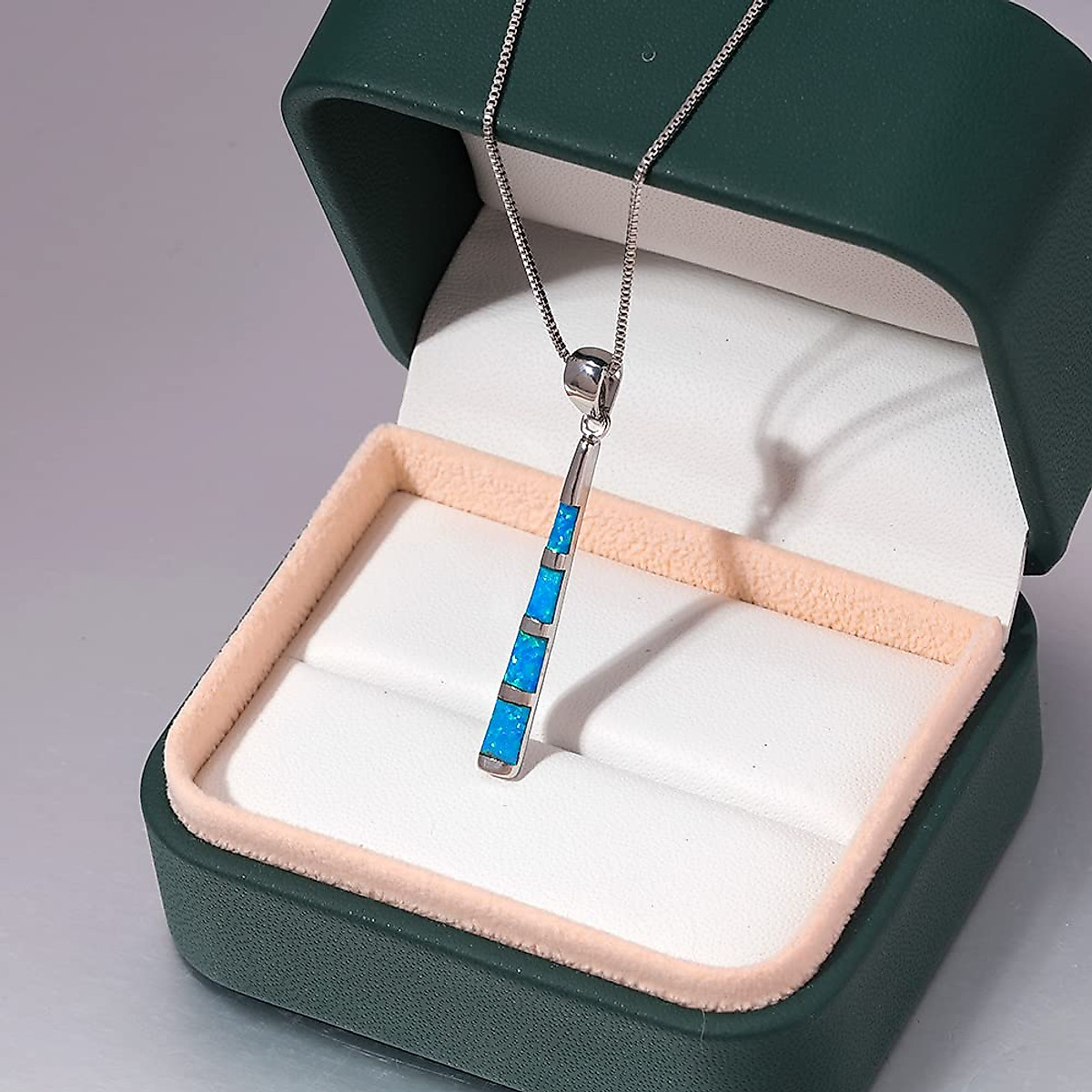 CiNily Blue Opal Pendant Necklace for Women 14K White Gold Plated Long Disc Pendant Ladies Fashion Gemstone Jewelry