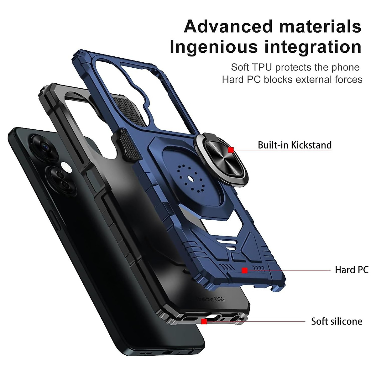 TJS Compatible for OnePlus Nord N30 5G Case, with Tempered Glass Screen Protector, Metal Ring Magnetic Support Kickstand Heavy Duty Drop Protection Cover Phone Case (Blue)