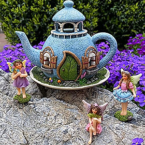 Mood Lab Fairy Garden Miniature Teapot House Kit - Figurines and Accessories Set of 4 pcs - 7.1 Inch Tall House