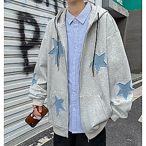 Y2K Hoodie Women Grunge Stars Zip Up Sweatshirt Acubi Emo Oversized Hooded Jacket Harajuku Pullover Alt Clothing (Gray,M)