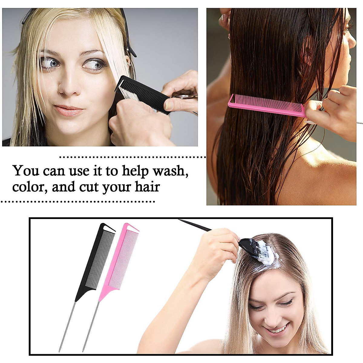 Patelai 12 Pcs Stainless Steel Pintail Combs for Hair Styling, Teasing, Braiding, Pressing, Hairdressing Salon and Home (Pink, Black)