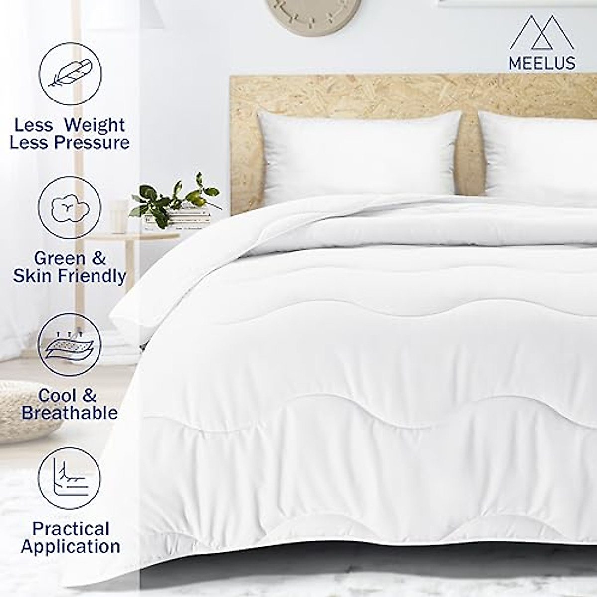 MEELUS Lightweight Comforter Cooling White, Soft Breathable Queen Size Summer Duvet Insert, Microfiber Down Alternative All Season Quilt with Corner Tabs, 88x88 inch