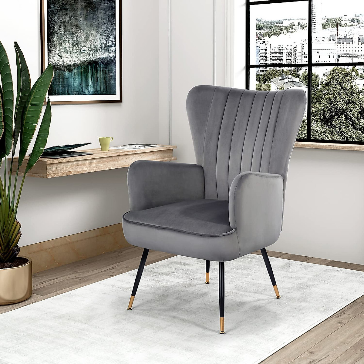 FurniutreR Accent, Modern and Elegant Armchair, Velvet Fabric Metal Black Gold Legs and High Back for Living Bedroom Office Waiting Room Leisure Chair, Grey