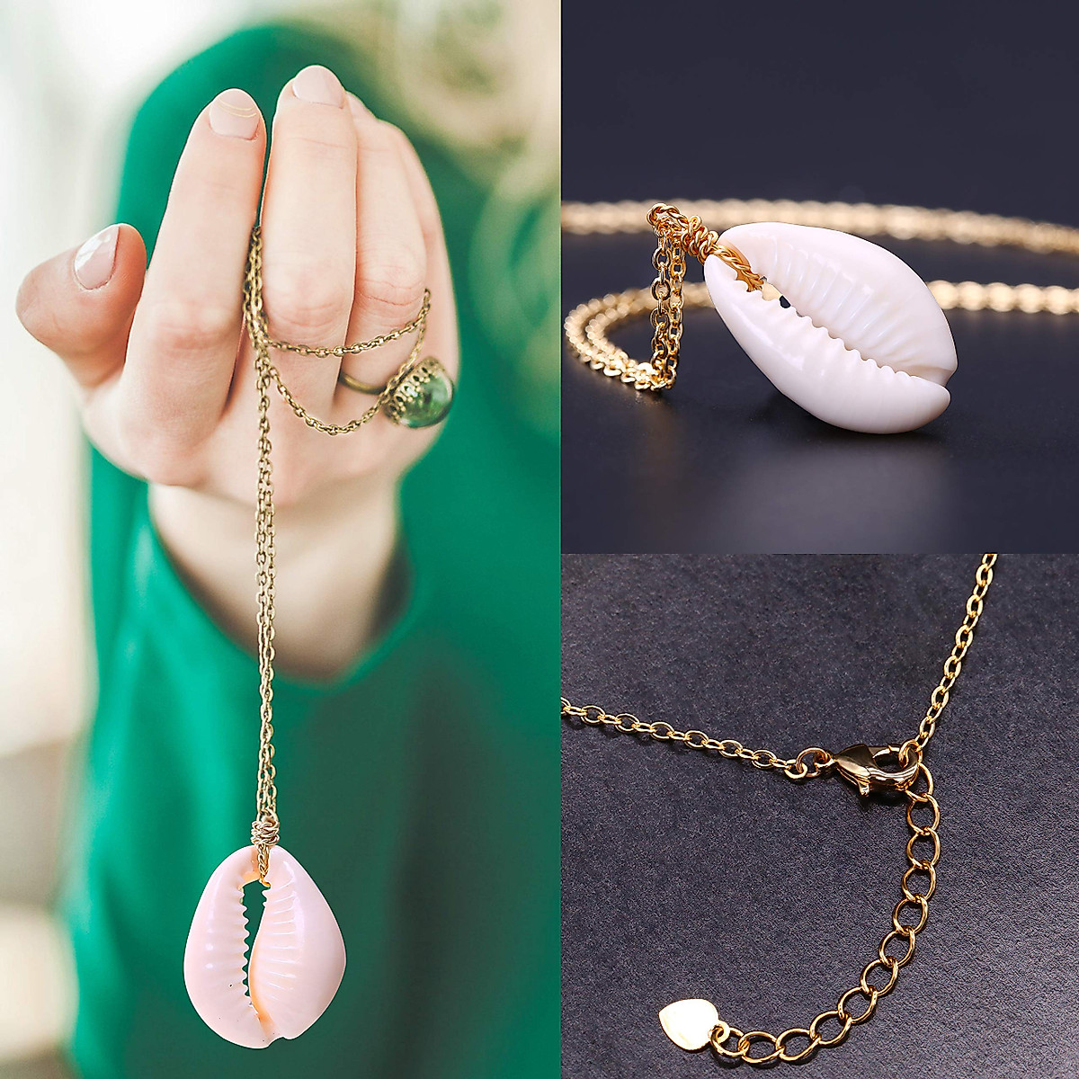 POTESSA Natural Cowrie Shell Pendant Choker Necklace Adjustable 18K Gold Plated Cable Chain Handmade Jewelry for Women