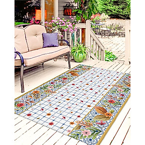 Outdoor Rug Waterproof Mat 4' x 6' for Patio, Summer Fall Ceramic Tile Floral Outside Indoor Non-Slip Front Door Mat RV Camping Carpet Area Rug for Balcony Picnic Beach Deck