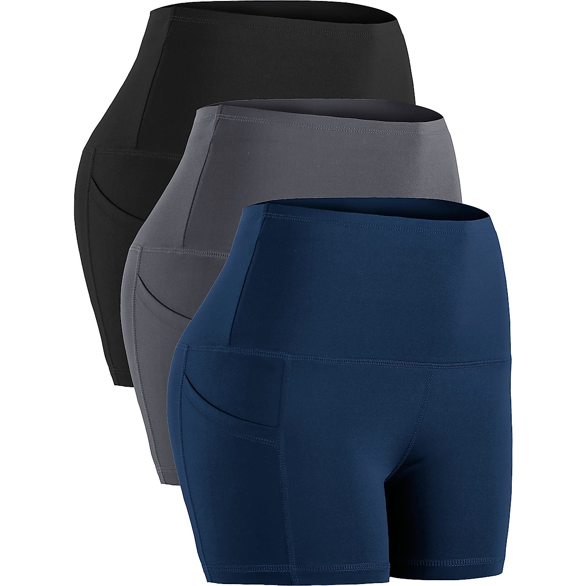 CADMUS High Waist Athletic Shorts for Womens Yoga Fitness Workout Running Shorts with Deep Pockets,3 Pack,1016,Black & Grey & Navy Blue,Medium
