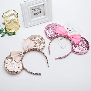 Seamoy Mouse Ears headband,2pcs Sequin Halloween Minnie Ears Headband Glitter Hairband for Princess Party Cosplay Costume Headwear Minnie&Mickey Themed Party Decorations (Gold&Pink)
