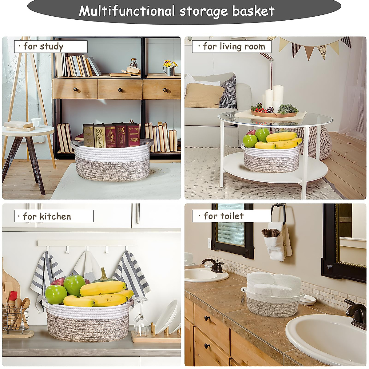 COMFY-HOMI 2-Piece Small Woven Storage Basket for Organizing| Gift Basket for Empty | Toy Storage Bin Basket | Cotton Rope Basket with Handles for Dog Toys for Living Room, Bedroomt -White/Brown