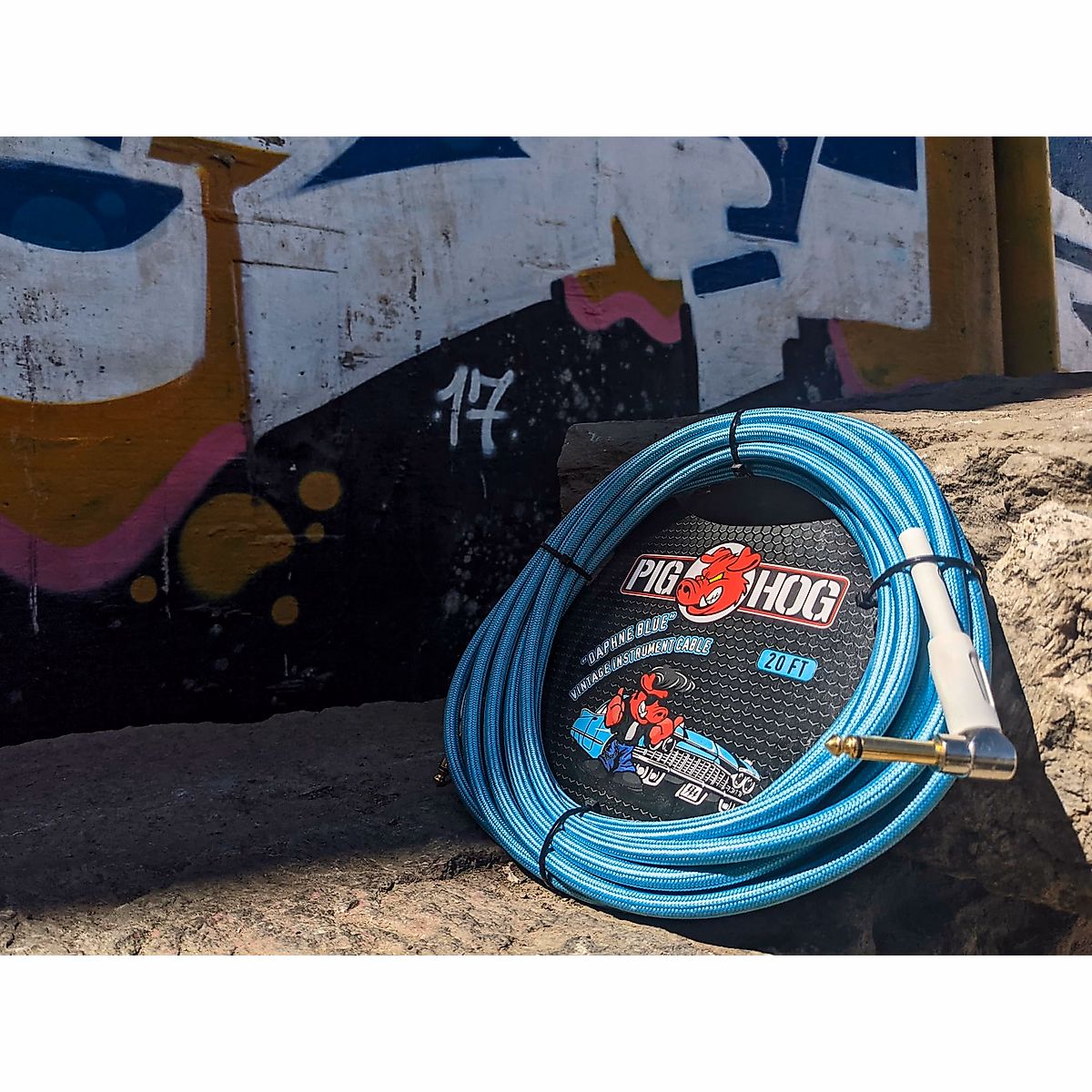 Pig Hog PCH10DBR 1/4" to 1/4" Right-Angle Daphne Blue Guitar Instrument Cable, 10 Feet