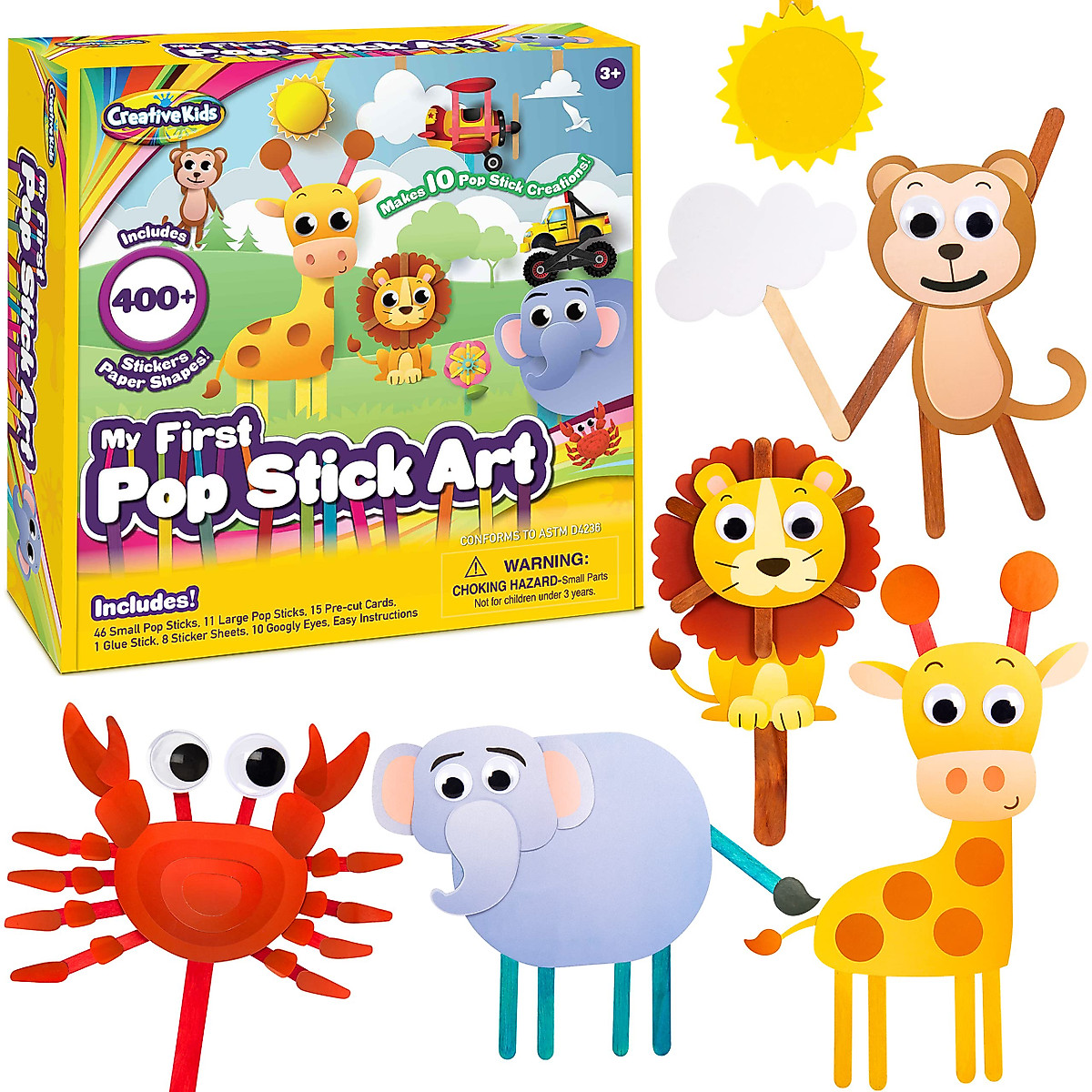 Creative Kids Preschool Crafts for Kids Create 12 Pop Stick Art Figures with 400+ Stickers & Punch Outs Toddler Art Set, Fine Motor Activities for Toddlers Arts and Crafts for Kids Age 3+