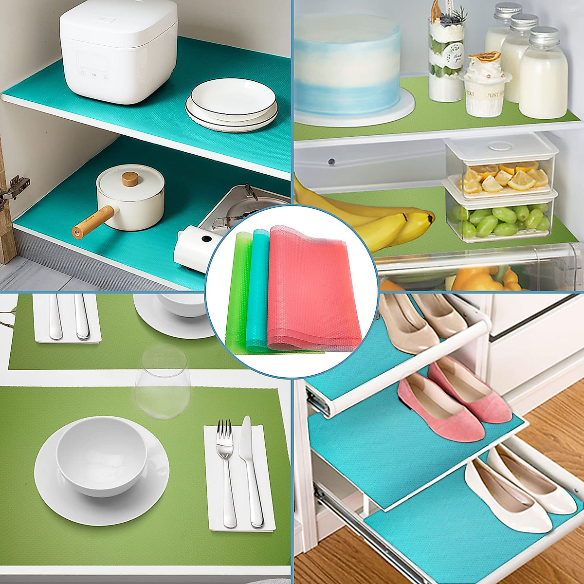 Refrigerator Liners Fridge Mats Pads 8 Pack Washable Waterproof Drawer Table Shelf Liner Mat with 2 Cleaning Cloths（3 Green + 3 Pink + 2 Blue）