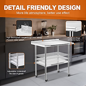 Sapodilla NSF Stainless Steel Worktables with Wheels, 36×24 Inches Commercial Heavy Duty Tables with Backplash and Adjustable Undershelf for Kitchen, Restaurant, Hotel and Garage