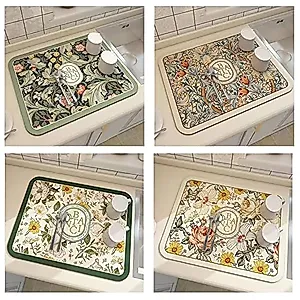 SLINHEWEI Dish Drying Mat -2023 New Fantasy Style Draining Mat,Vintage Floral Plates Dish Drying Mat,Super Absorbent Pad Non-Slip Drain Pad Quick Dry Mats for Countertop (4PCS),11.81×15.75