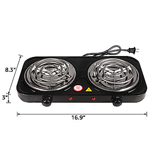 Electric Double Coil Burner, 2000W Electric Hot Burner Portable Stainless Steel Electric Stove with Dual 5 Level Temperature Control, for Home Dorm Office Camping Cooking (Double Coil Burner)