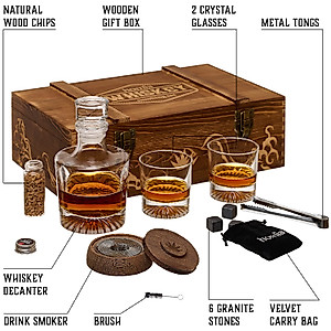 Whiskey Gift Set, 14 pcs - Whiskey Decanter + Wooden Smoker + Old Fashioned Glasses - 2 pcs, in Wooden Box with Wood Chips, Whiskey Stones 6 pcs Included - Gift for Men (Torch Not Included)
