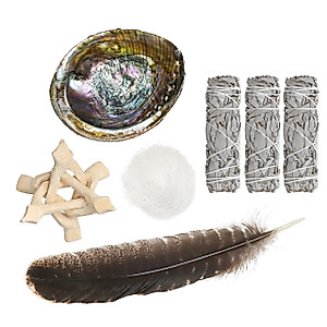 Sage Smudge Kit - White Sage Smudge Sticks - 4in ~ Abalone Shell 5-6in ~ 2in Tripod Stand ~ 9-12in Feather and White Sand