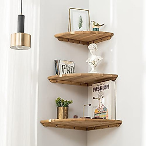 Corner Shelf, 9inch Solid Oak Wood Floating Corner Shelf Wall Mount Round End Floating Speaker Shelf with Wire Hole Display Shelf for Small Plant Photo Frame for Bedroom Kitchen, Living Room