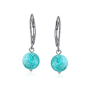 Simple Round Bead Stabilized Turquoise Lever back Ball Drop Earrings For Women .925 Sterling Silver December Birthstone
