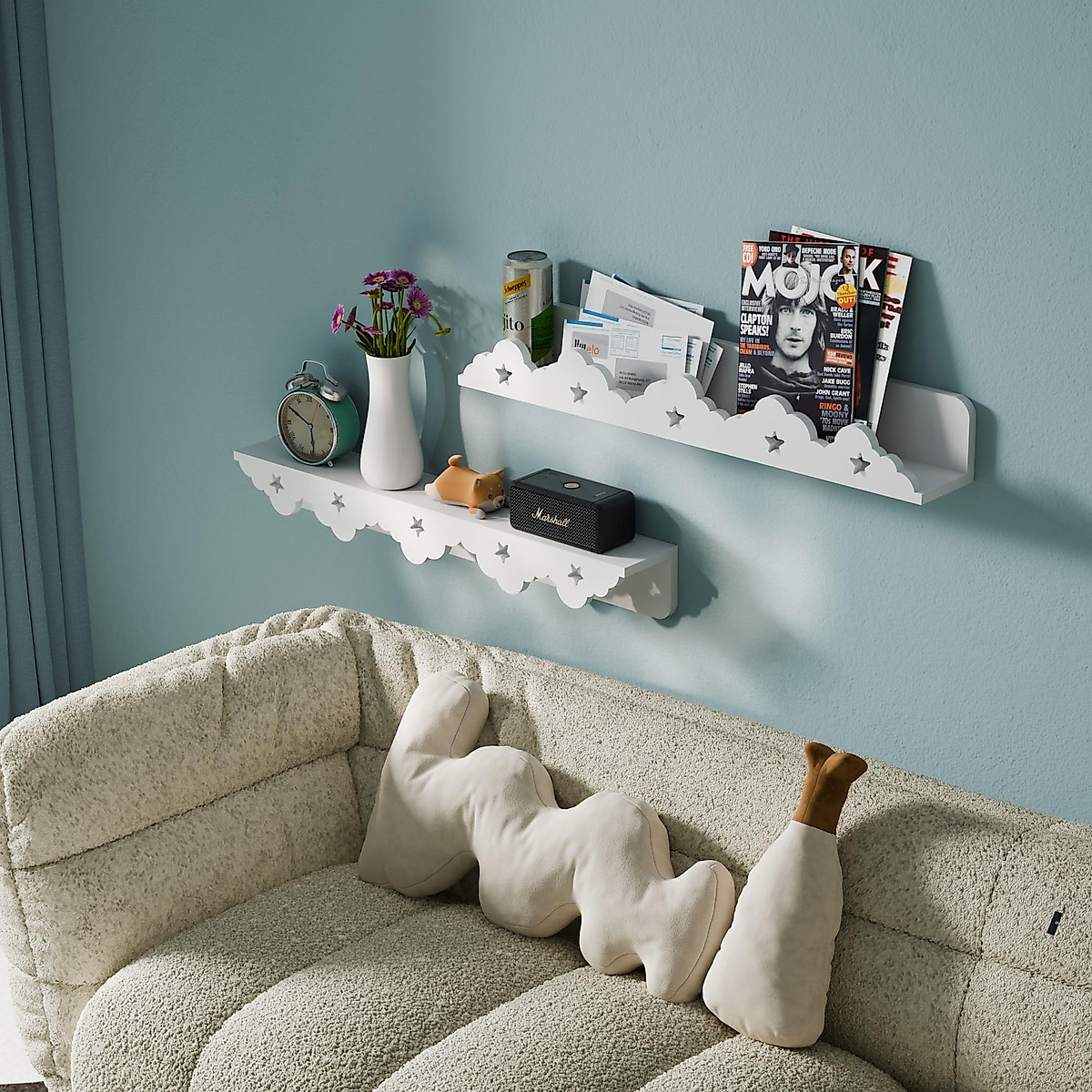 Sumbame Nursery Shelves for Wall Set of 2 - White Cloud Floating Bookshelf for Kids, 24 Inch Scalloped Picture Ledge Shelf, Display Shelf for Baby Bedroom, Nursery Decor, Baby Playroom, Toy Storage