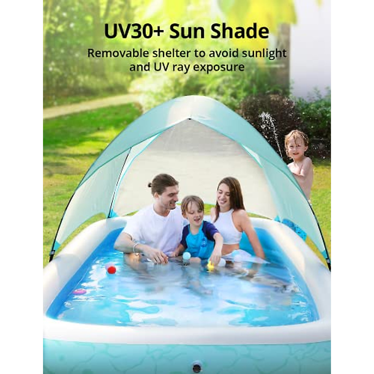 Inflatable Swimming Pool, 118" x72" x22" Family Blow up Swim Pools with Sun Shade,UV30+ Sun Shelter , Rectangular Lounging Pool for Backyard, Garden, Adults, for Age 3+
