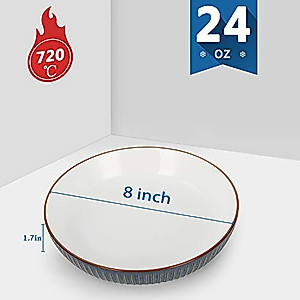 JDZTC Porcelain 26 Ounce Pasta Bowls Set of 4, 8 inch Wide and Shallow Salad Bowls, Serving Bowls, Microwave & Dishwasher Safe, Sturdy & Stackable, blue grey