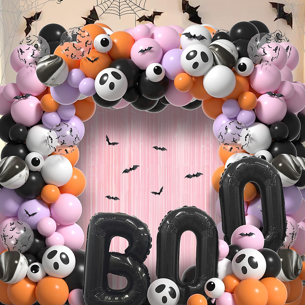 Pink Halloween Balloon Arch Kit for Halloween Baby Shower Birthday Decorations - Multi Colors & Different Sizes Halloween Balloons Garland with 12Pcs 3D Bat Stickers Fringe Curtains and B00 Balloons