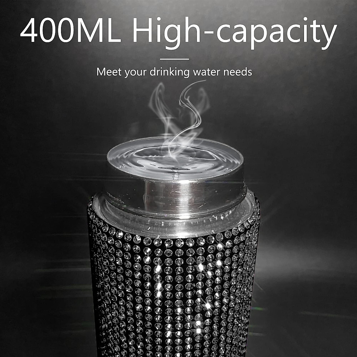 Bling Crytal 17oz Insulated Water Bottle with Strainer,Stainless Steel Thermal Bottle,Leak-Proof Double Walled Vacuum Insulated ,Diamond vacuum flask for woman to Travel, Picnic& Camping (black)