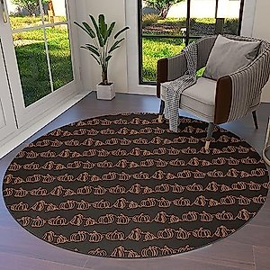 LIFEMUSION Thanksgiving Fall Round Area Rugs, Autumn Orange Pumpkin Classic Black Non-Skid Children Playing Mat, 3ft Soft Circle Farmhouse Rugs for Living Room, Bedroom, Dining Room