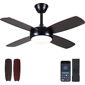 Asyko Ceiling Fans with Lights - 42" Black Outdoor Ceiling Fan with Light and Remote, Dimmable and Reversible Motor, Modern Low Profile Ceiling Fan Lights for Indoor Bedroom/Outdoor Covered Patio…
